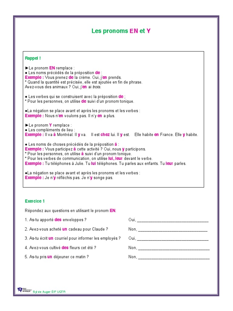 Les Pronoms en Et y Exercices | PDF | Pronom | Morphologie linguistique