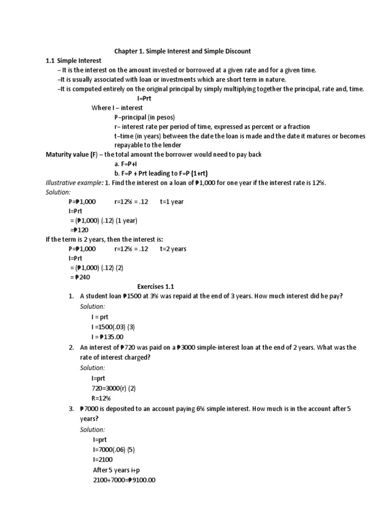 Chapter 1. Simple Interest and Simple Discount 1.1 Simple Interest ...