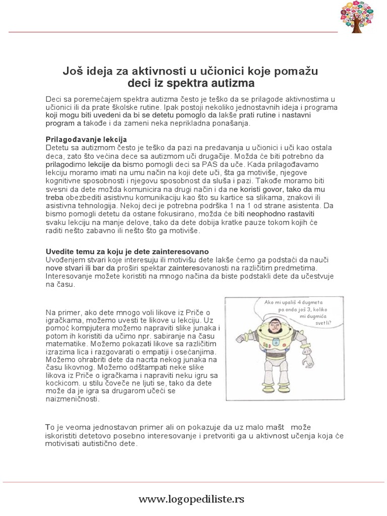 Autizam Ideje Za Aktivnosti U Ucionici | PDF