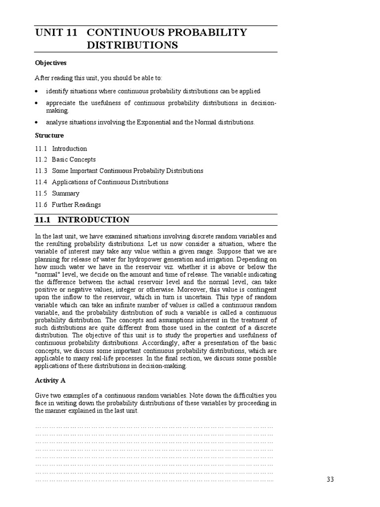 Unit 11 Continuous Probability Distributions: Objectives | PDF ...