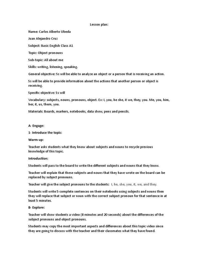 A1 English Lesson Plan: Object Pronouns | PDF | Vocabulary | Pronoun