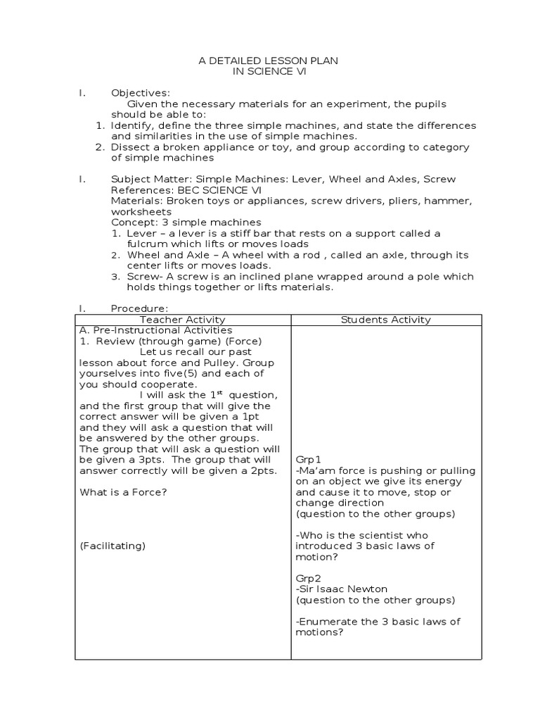 Simple Machine Detailed Lesson Plan PDF | PDF | Force | Machines