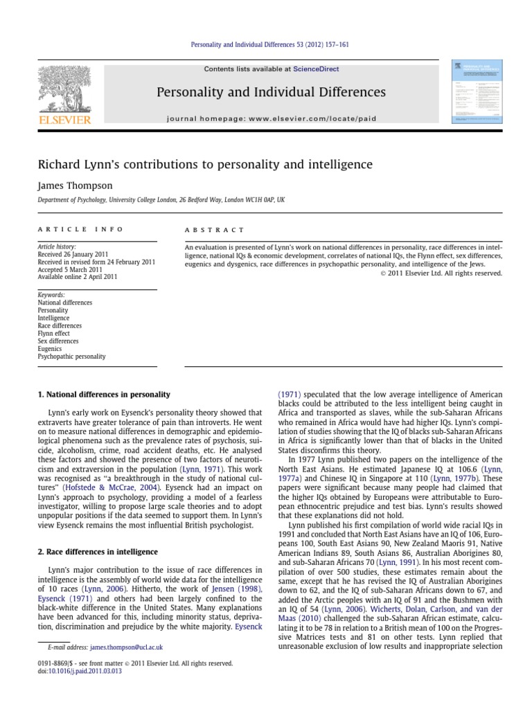 Thompson2012 Lynn Contrib To IQ | PDF | Intelligence Quotient | Eugenics