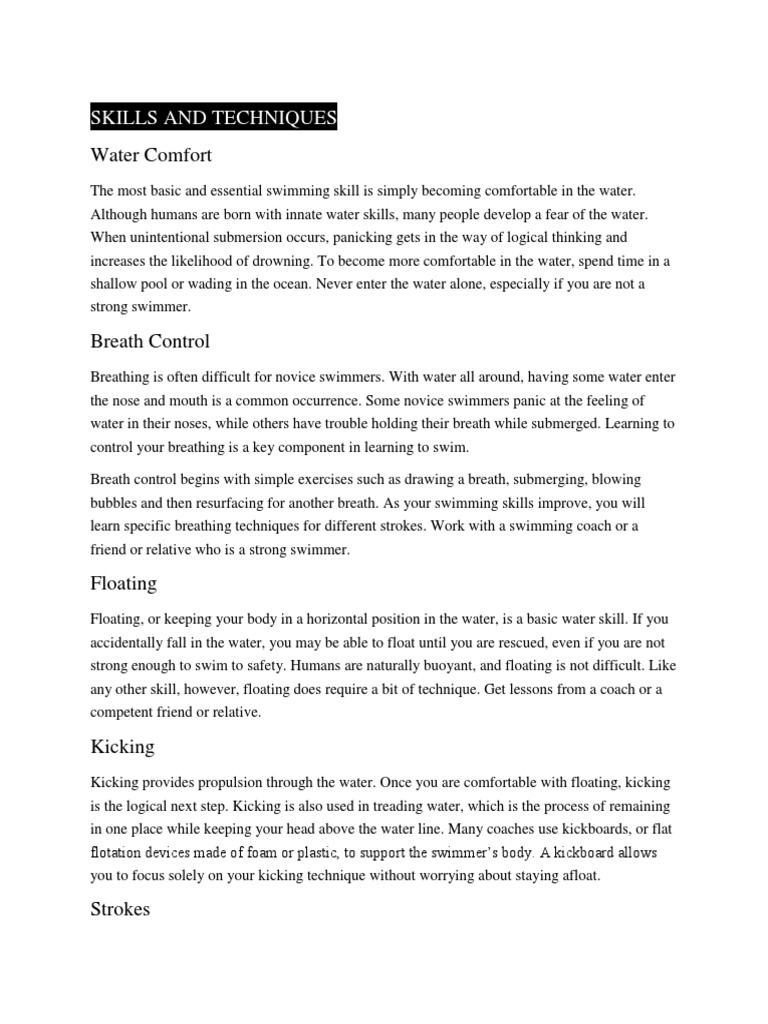 Water Comfort: Skills and Techniques R | PDF | Swimming | Swimming Pool