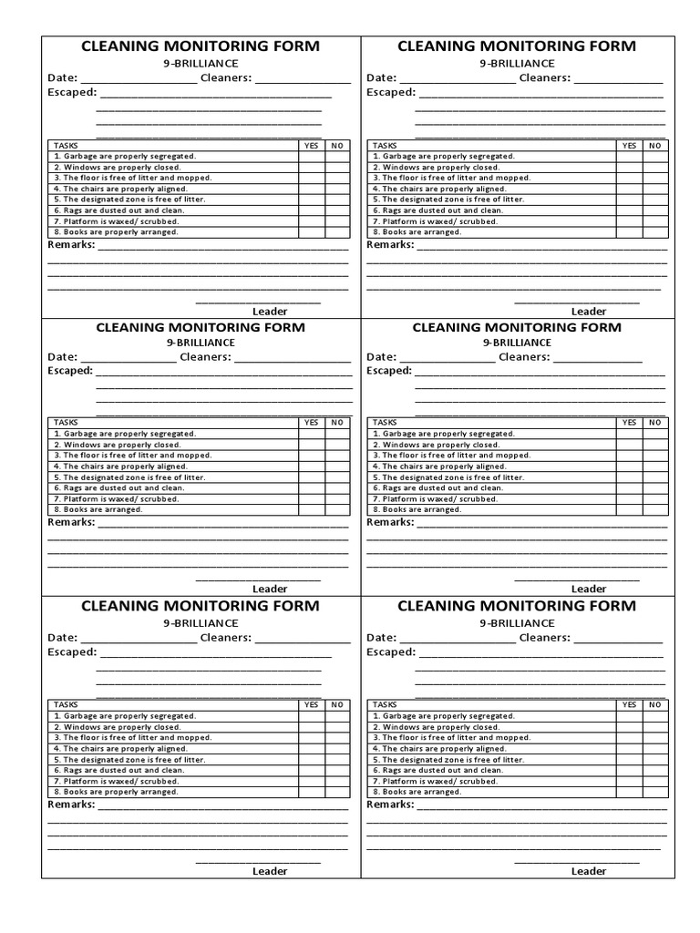 Cleaning Monitoring Evaluation Form | PDF | Cleaning | Domestic Life