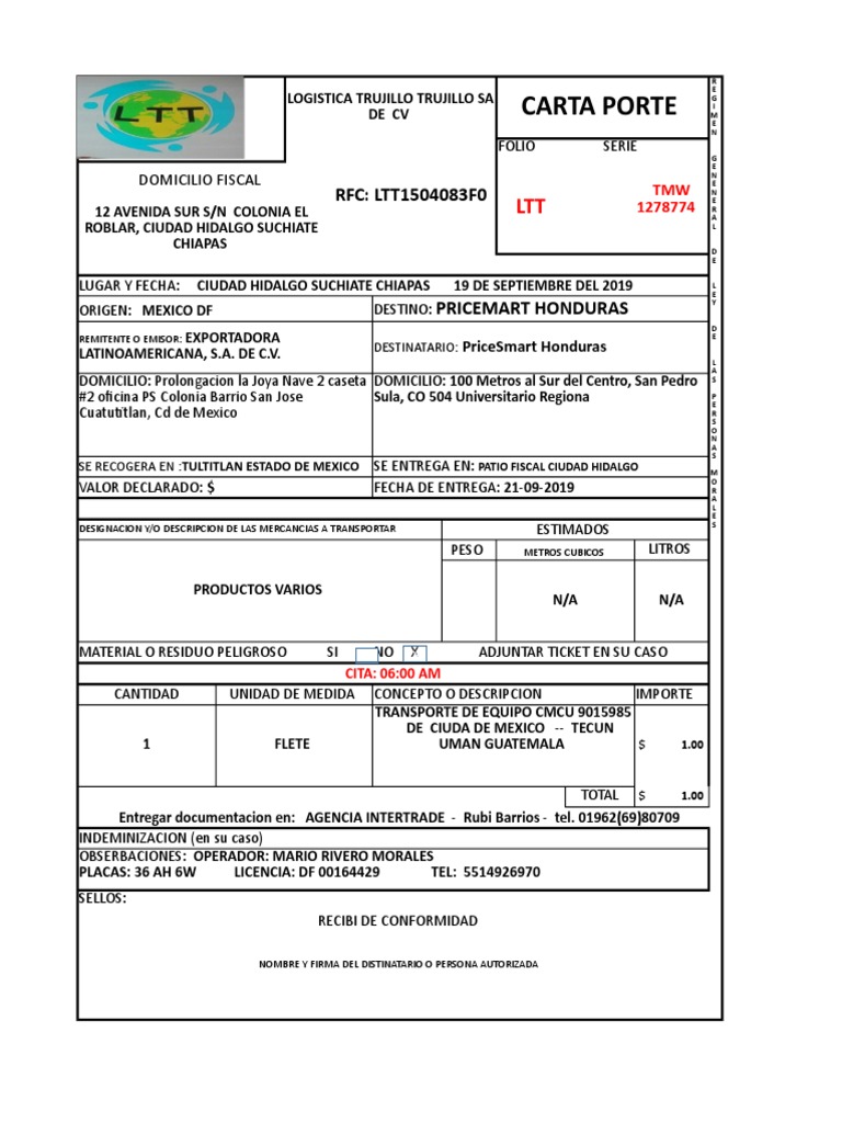 Carta Porte Ps Honduras (1) | Salario mínimo | Servicio de envío