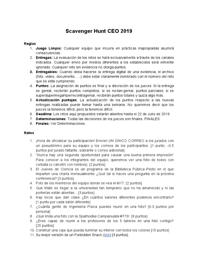 Reglas y Retos del Scavenger Hunt CEO 2019 | PDF