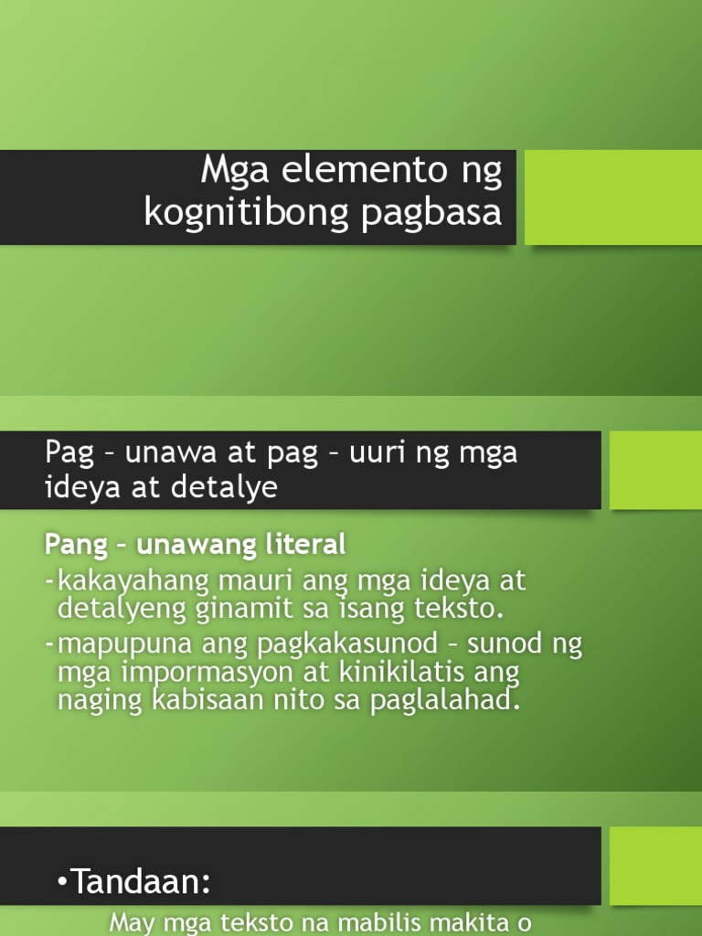 Mga Elemento NG Kognitibong Pagbasa | PDF