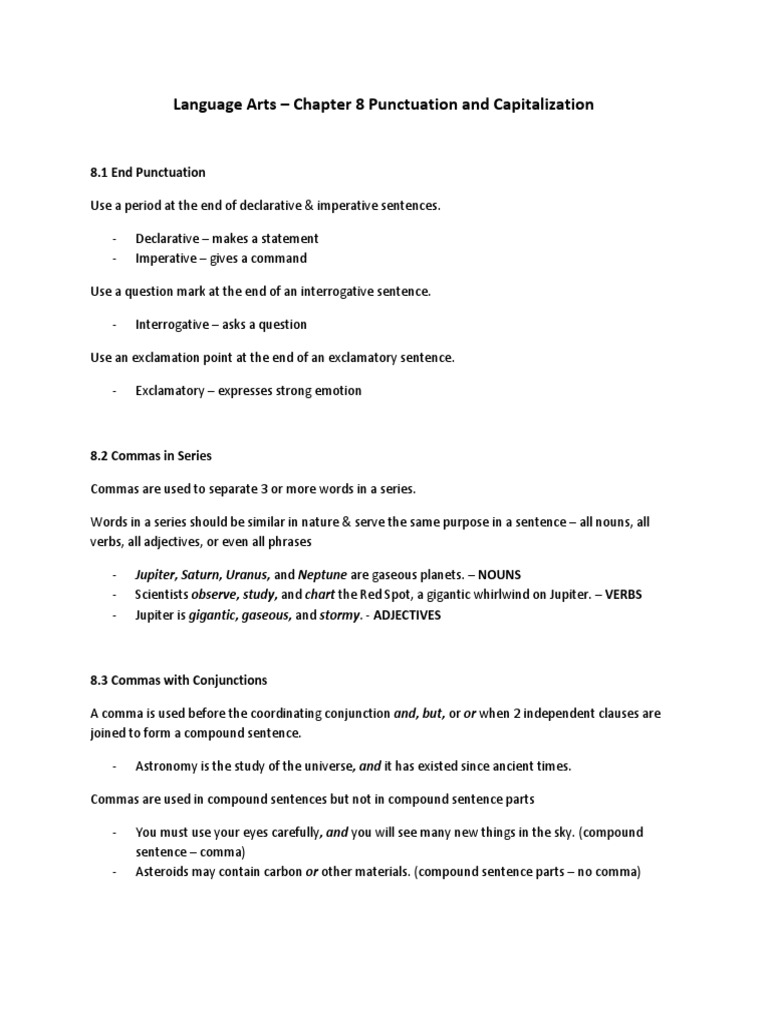 Language Arts Chapter 8 Notes | PDF | Comma | Sentence (Linguistics)