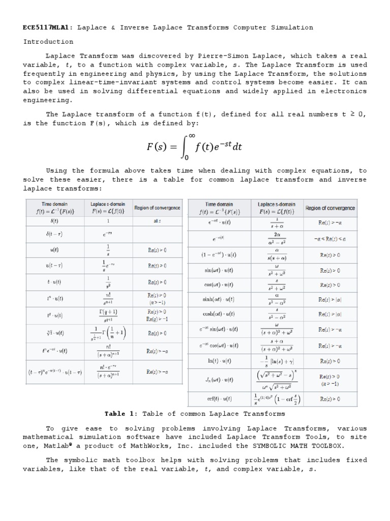 ECE5117MLA1: Laplace & Inverse Laplace Transforms Computer Simulation | PDF | Laplace Transform ...