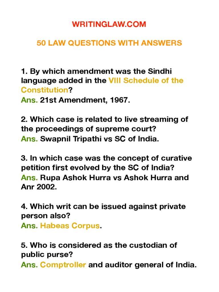 50 Important Law Question and Answers PDF | Download Free PDF | Supreme ...