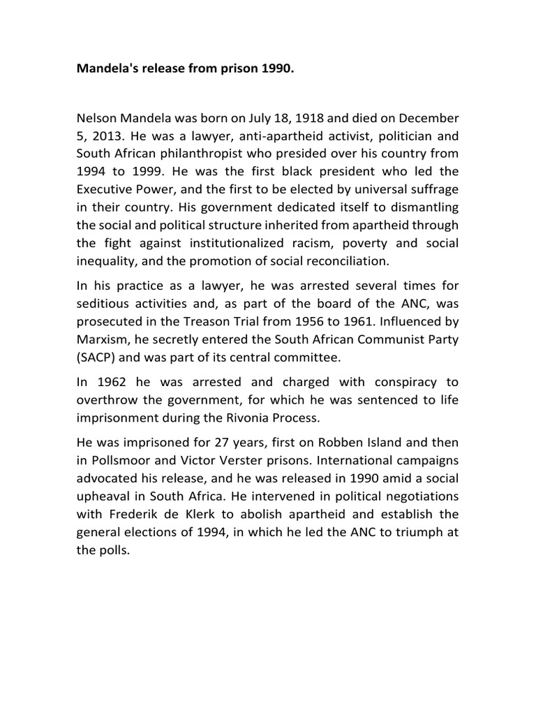 Mandela's Release From Prison 1990 | PDF