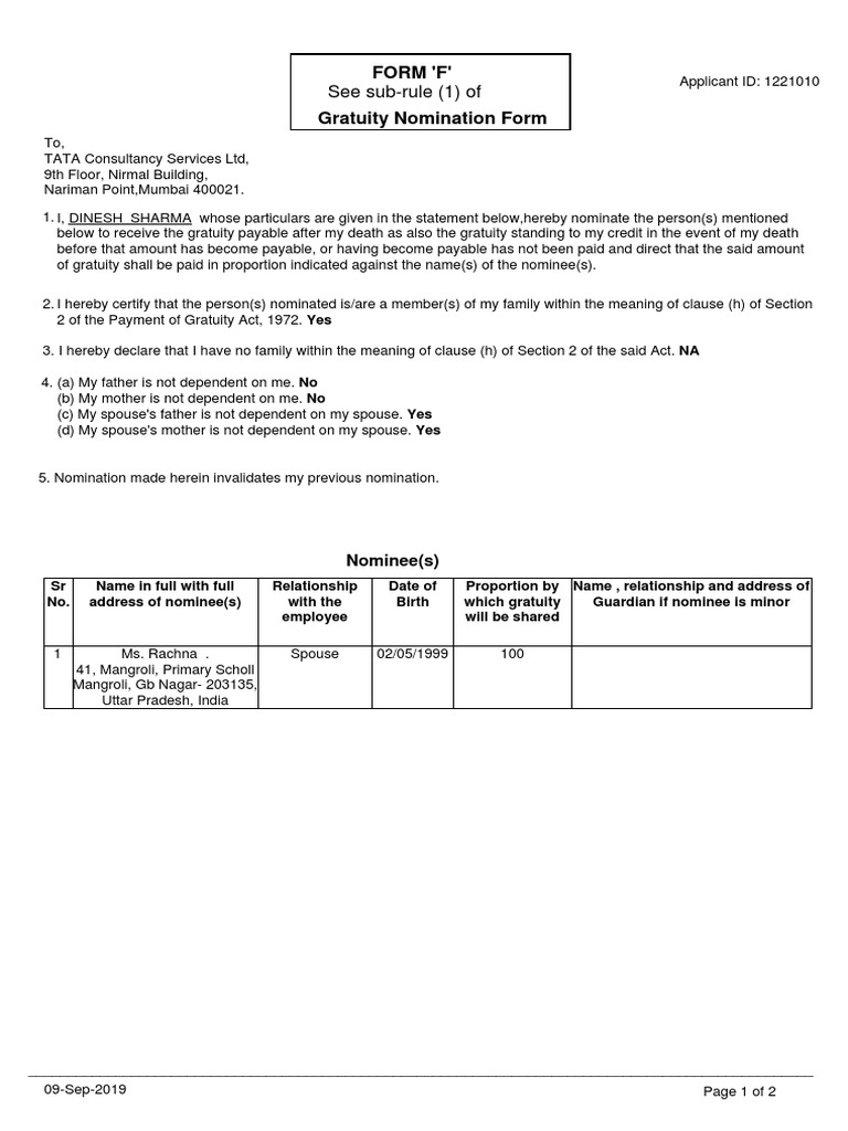 See Sub-Rule (1) Of: Form 'F' Gratuity Nomination Form | PDF | Government Information | Justice