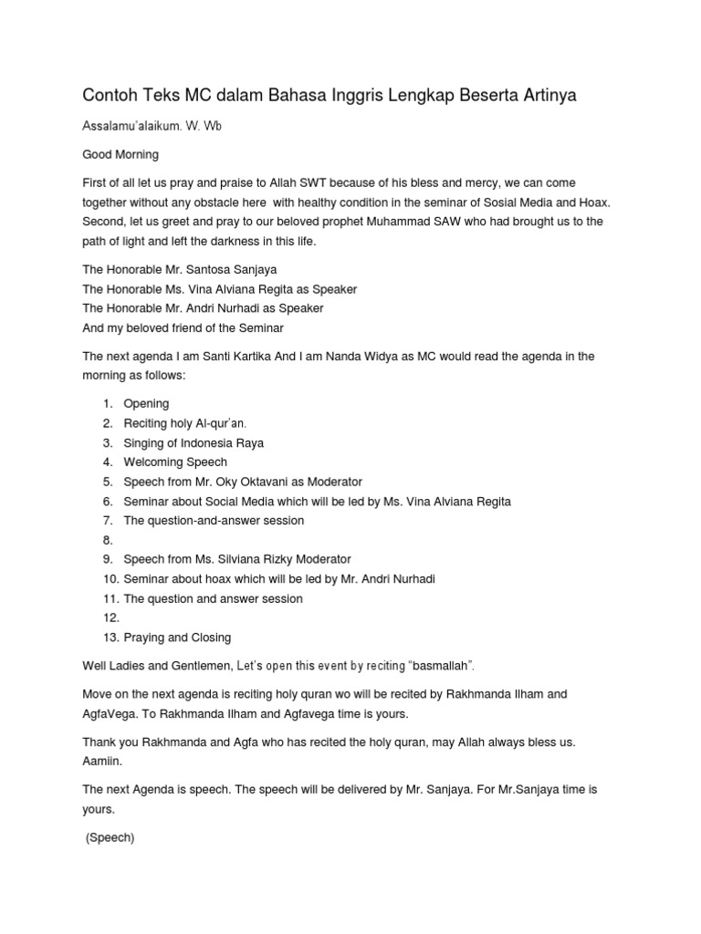 Contoh Teks MC Dalam Bahasa Inggris Lengkap Beserta Artinya | PDF ...