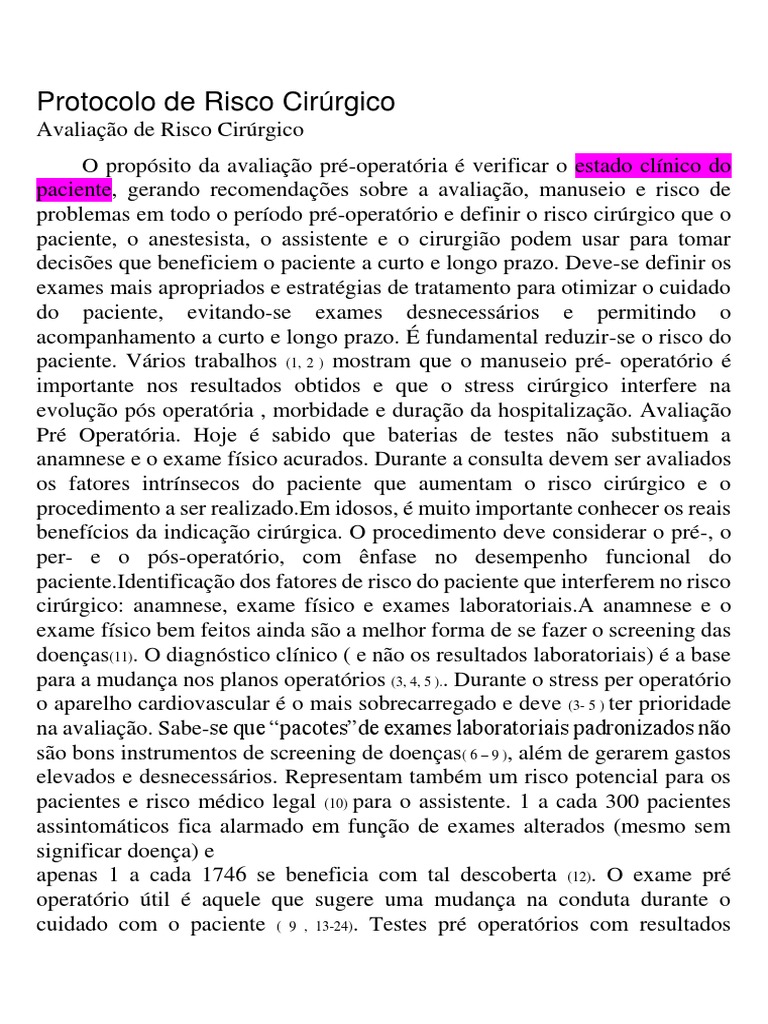 Protocolo de Risco Cirúrgico | PDF | Triagem (Medicina) | Fator de risco