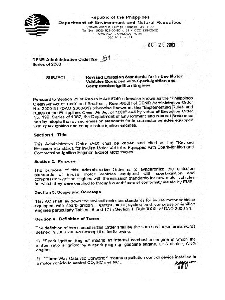 DENR DAO 2003-51 Vehicle Emission Standards PDF | PDF