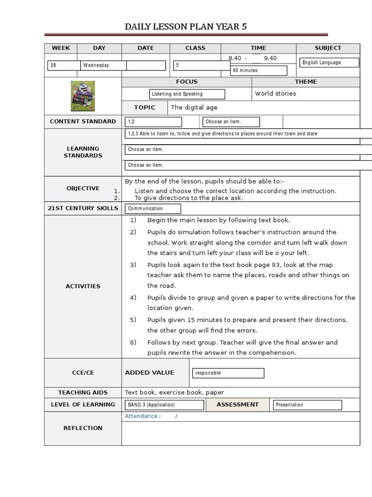 Daily Lesson Plan Year 5: Topic | PDF | Reading Comprehension | Lesson Plan