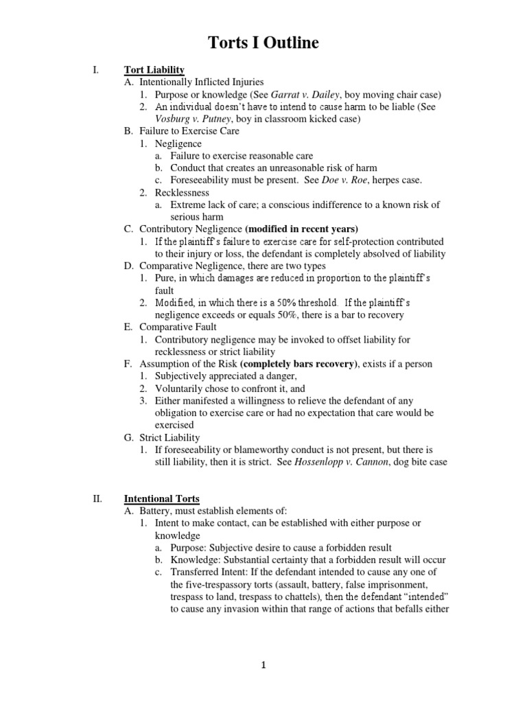 Torts I Outline Elements | PDF | Negligence | Causation (Law)