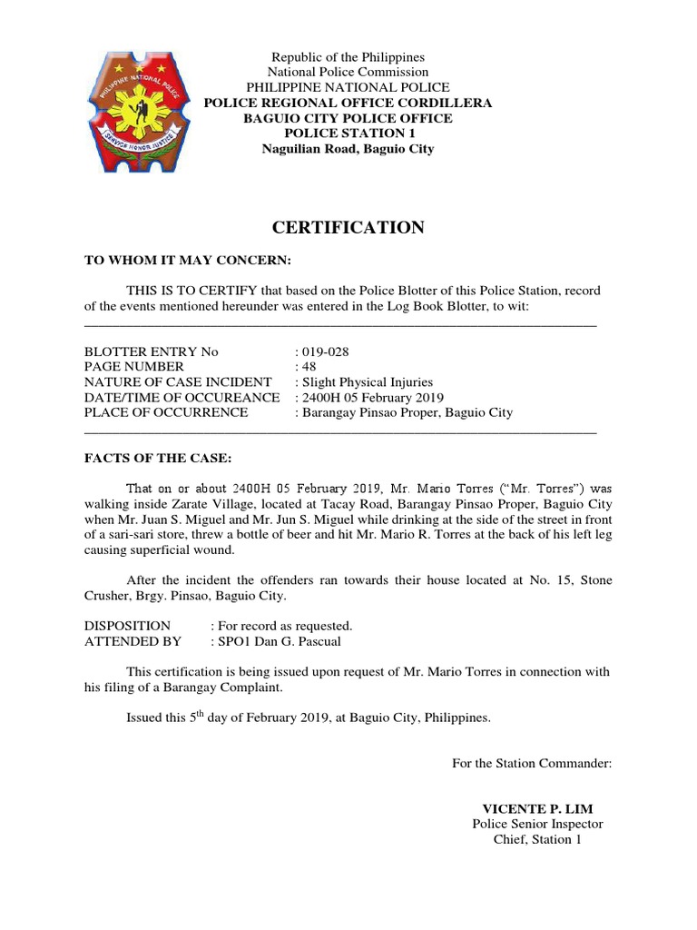 Certification: Police Regional Office Cordillera Baguio City Police ...