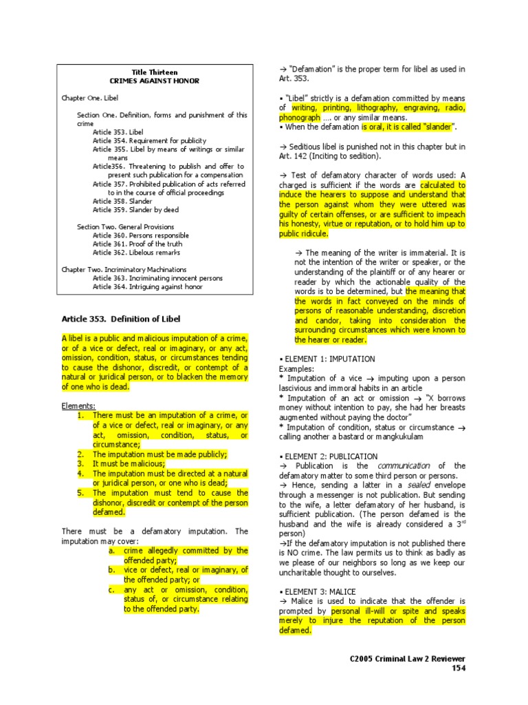 Title Thirteen Crimes Against Honor: Article 353. Definition of Libel ...