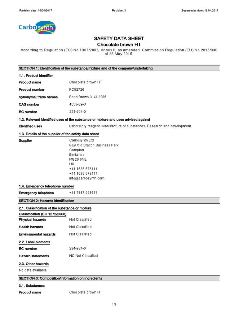 Safety Data Sheet Chocolate Brown HT | PDF | Dangerous Goods | Toxicity