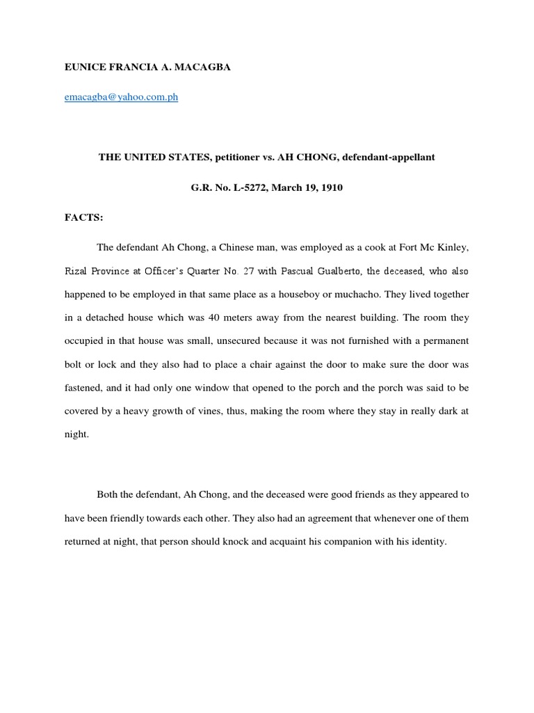 The United States VS Ah Chong Case Digest | PDF | Public Law | Criminal ...