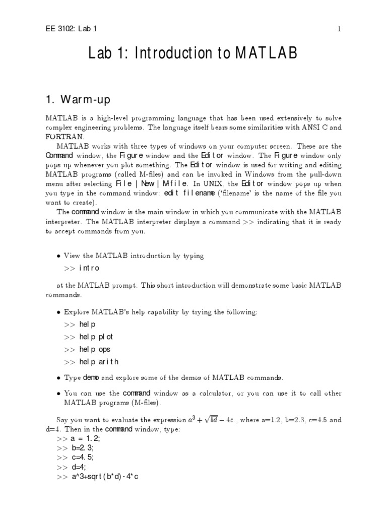 Lab 1 Introduction To Matlab 1 Warm Up Pdf Array Data Structure 3691