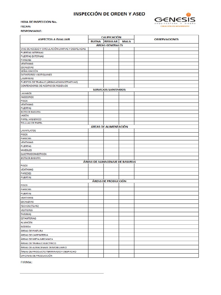 Formato de Inspección de Condiciones de Orden y Aseo PDF