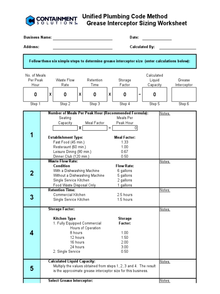 Grease Interceptor Sizing Worksheet Excel Spreadsheet (TNK 1095) | PDF ...