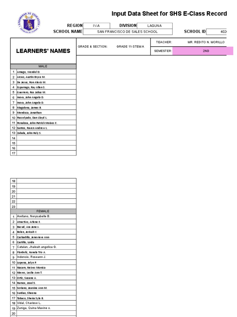 Learners' Names: Input Data Sheet For SHS E-Class Record | PDF