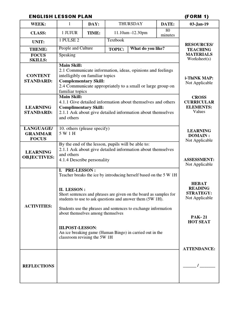 English Lesson Plan Form 1 2019 | PDF | Lesson Plan | Curriculum