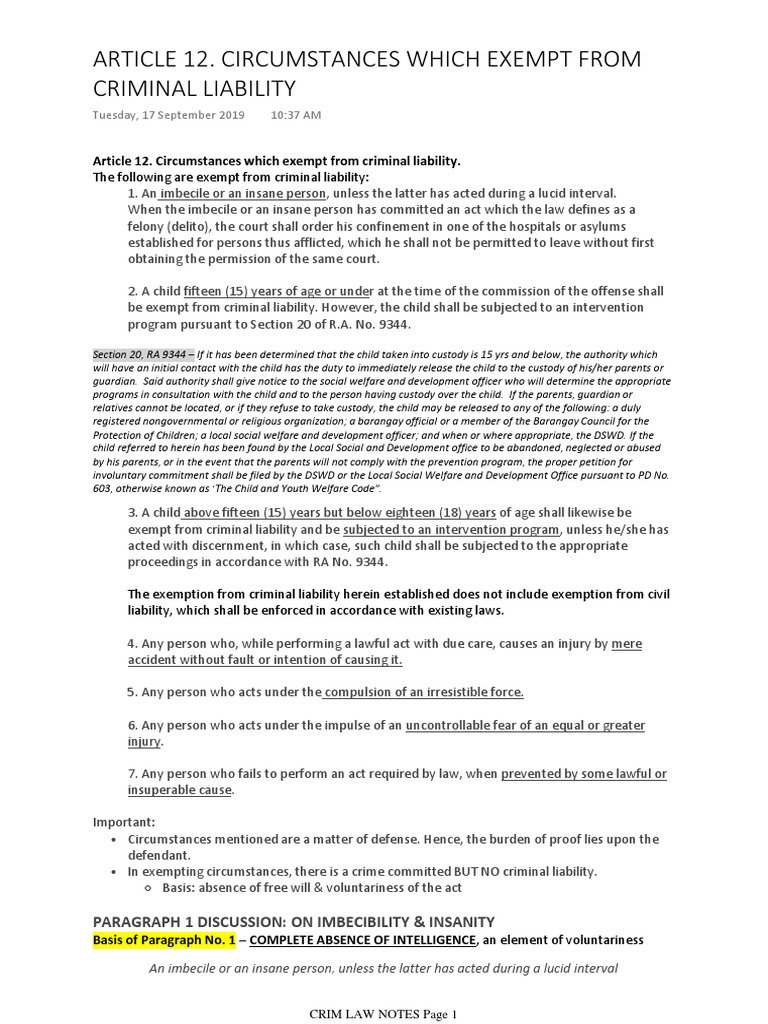 Article 12, RPC | PDF | Insanity Defense | Insanity