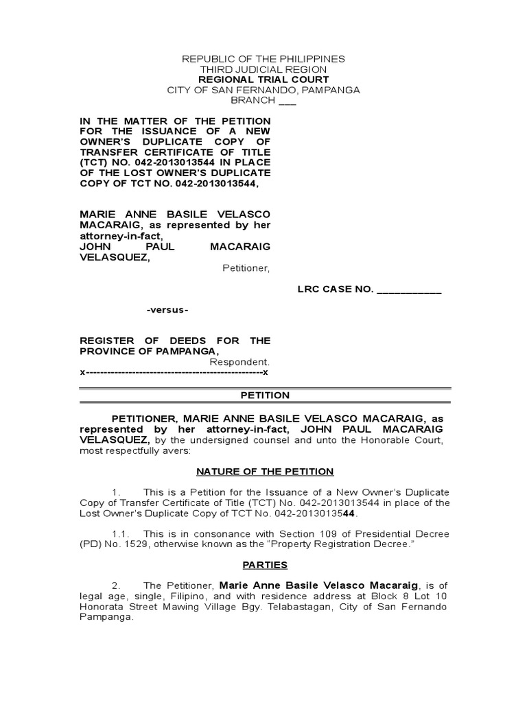 Petition For The Issuance of A New Owner's Duplicate TCT | PDF | Deed ...