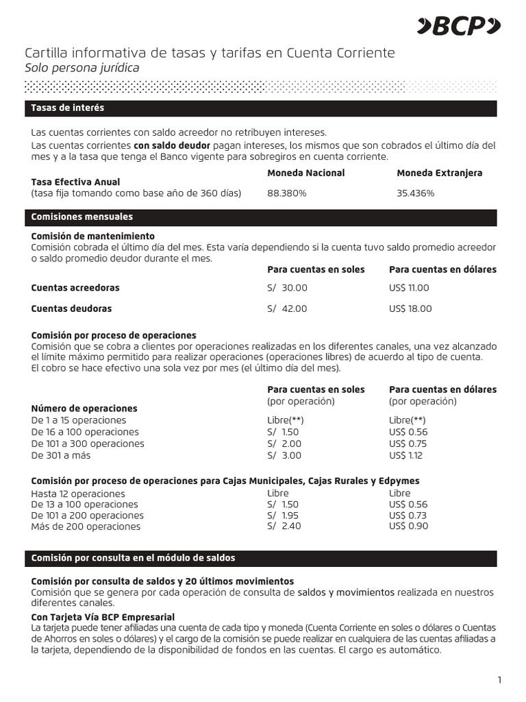 Tarifas y Comisiones Cuenta Corriente BCP | PDF | Cheque | Bancos