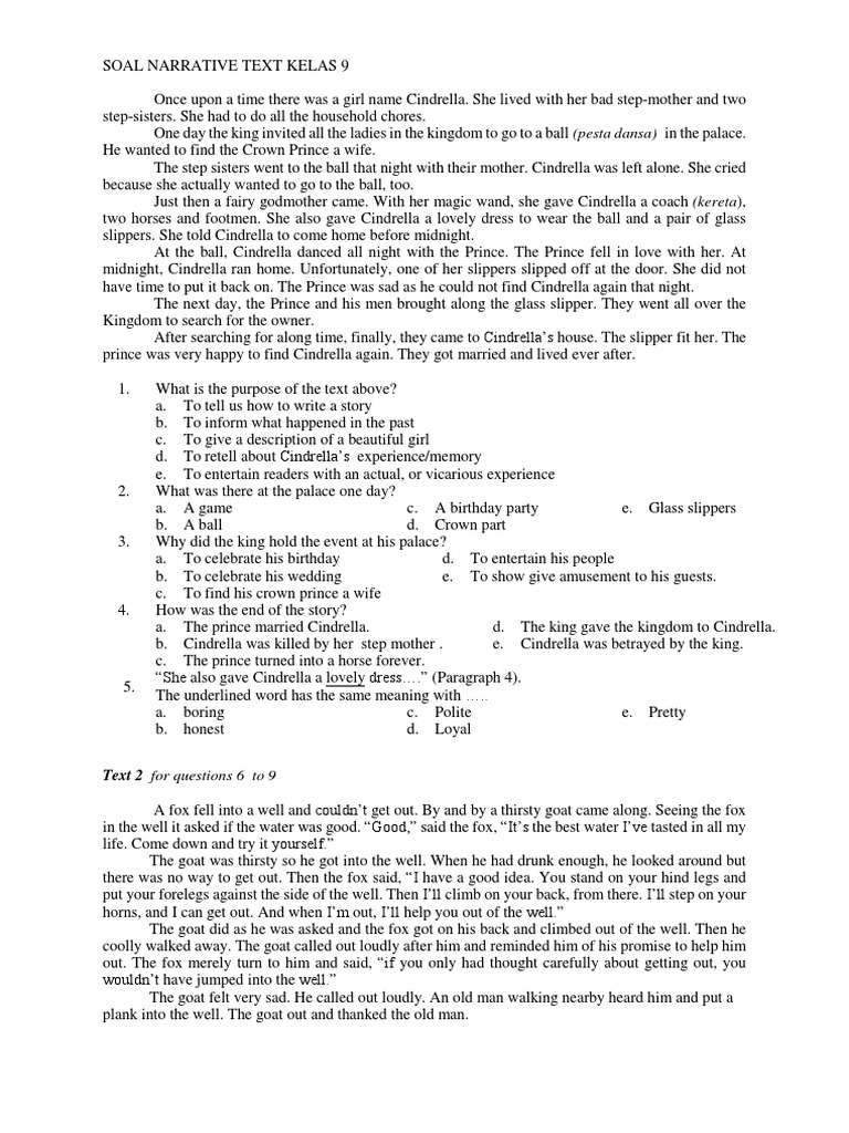 Soal Narrative Text Kelas 9 | PDF | Cinderella