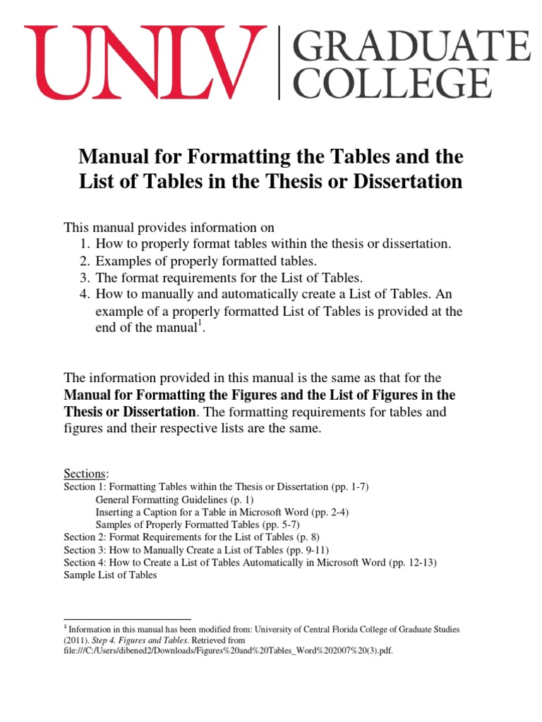 Manual For Formatting The Tables and The List of Tables in The Thesis ...