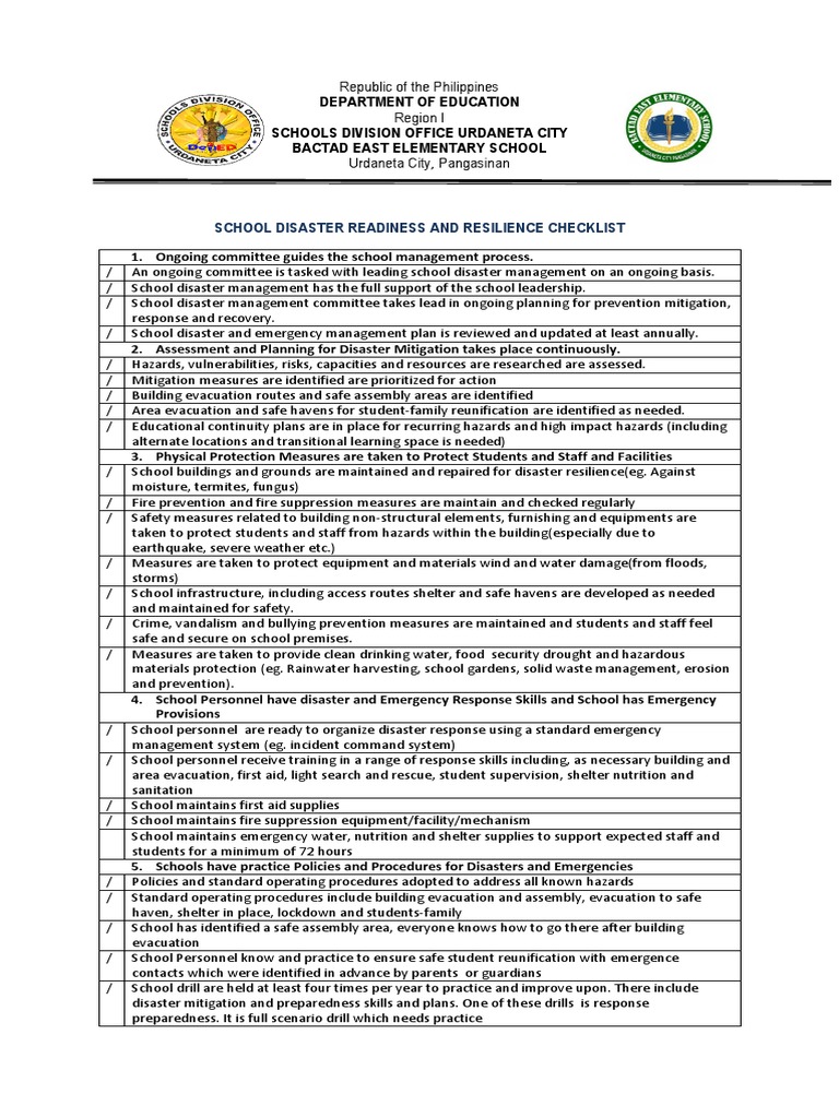 School Disaster Readiness and Resilience Checklist | PDF | Emergency ...