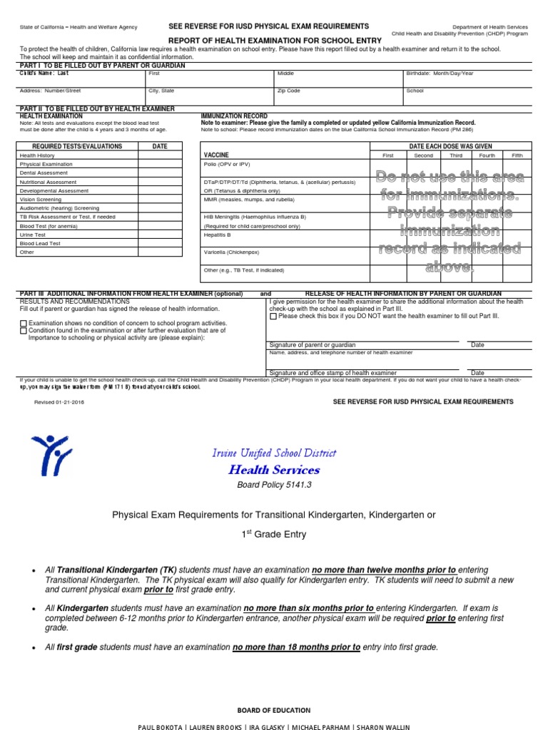 California School Health Exam Requirements | PDF | Vaccination | Public ...