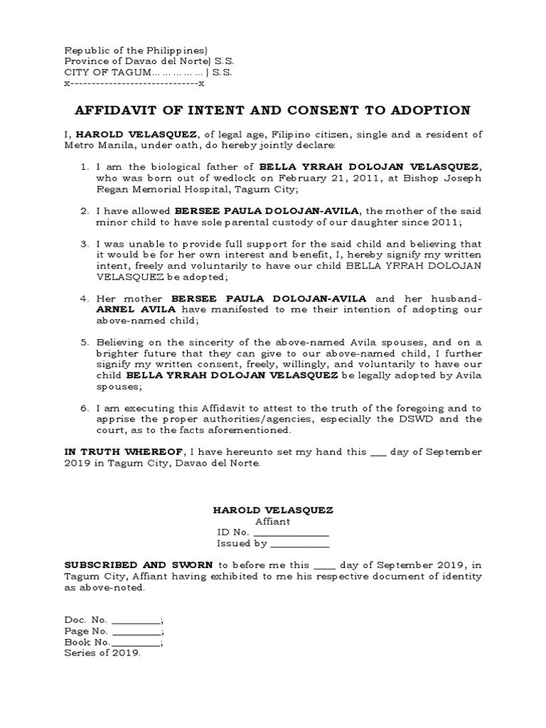 Affidavit of Intent and Consent to Adoption | Affidavit | Parenting