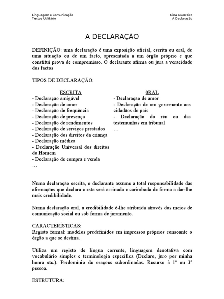 A Declaração - Tipo e Estrutura | PDF