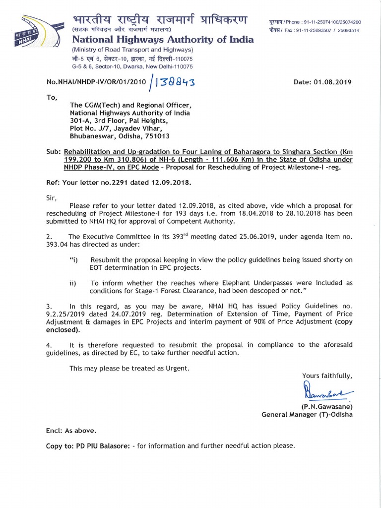 NHAI policy guideline for submission of EOT