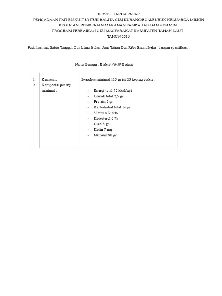 Harga Biskuit PMT Balita 2016 | PDF