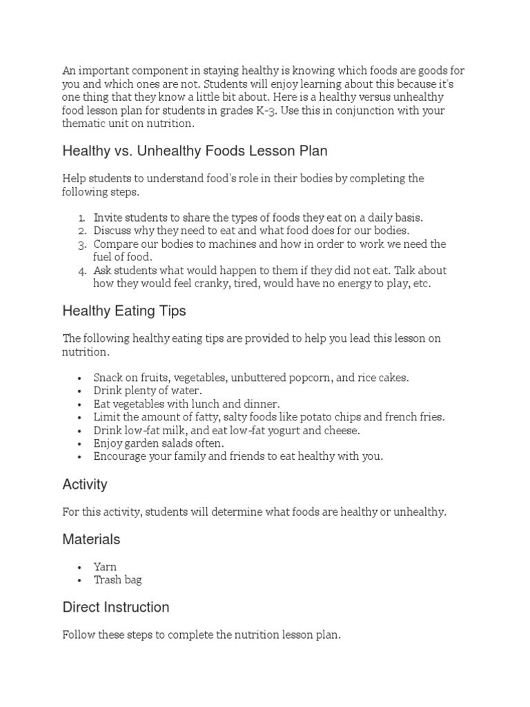 Healthy vs. Unhealthy Foods Lesson Plan | PDF | Healthy Diet | Junk Food