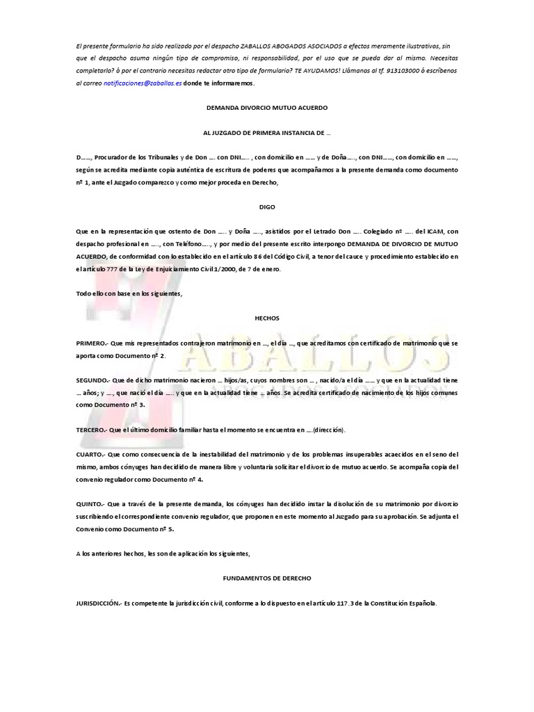 Modelo Demanda Divorcio Mutuo Acuerdo 1 Pdf Divorcio Justicia