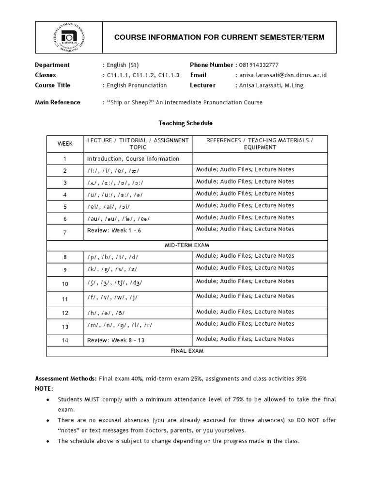 English Pronunciation Course Info | PDF | Lecture | Academia