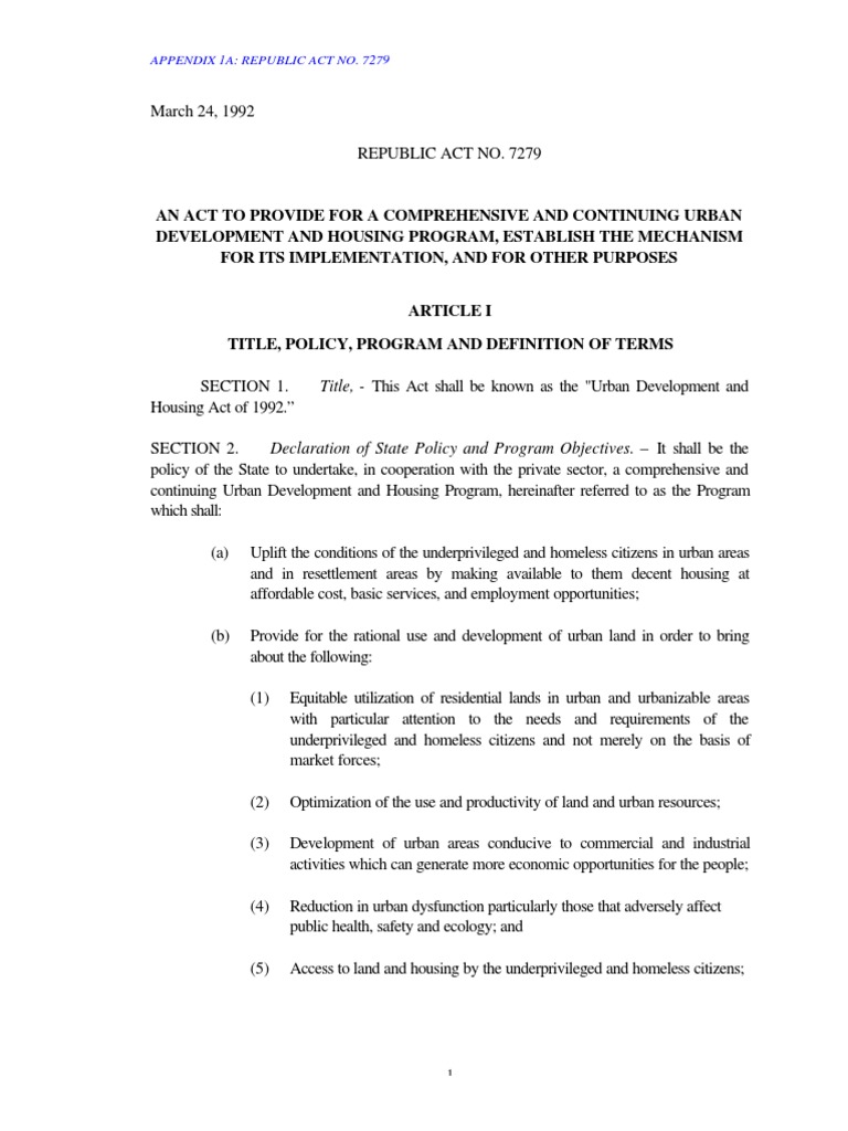 Ra 7279 | PDF | Squatting | Public Housing