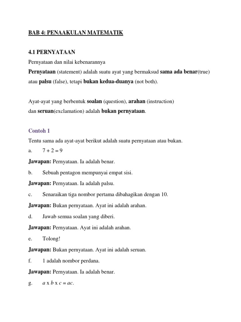 Matematik Bab 4 Pernyataan dan Hujah | PDF