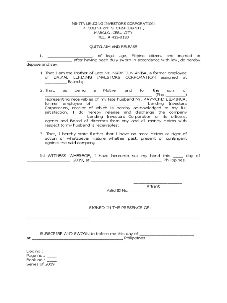 Quitclaim and Release Agreement | PDF | Finance & Money Management | Law
