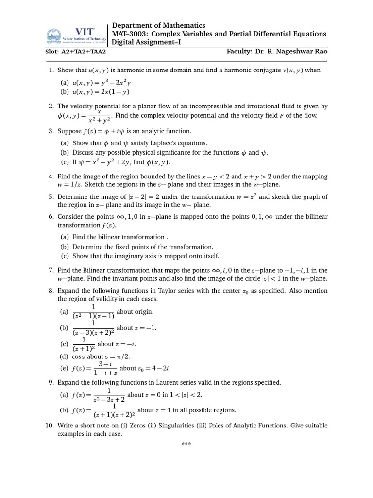 Department of Mathematics MAT-3003: Complex Variables and Partial Differential Equations Digital ...