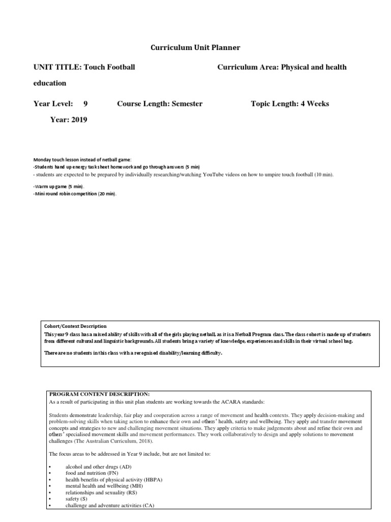 Unit Plan - Touch Football | PDF | Cross Cultural Communication | Homework